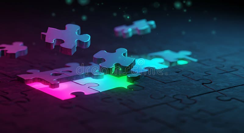 Puzzle Pieces Float Above and Around a Partially Completed Puzzle ...