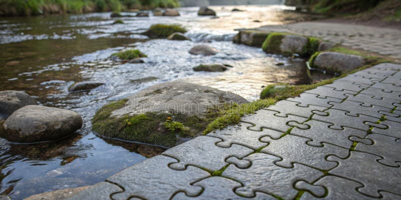 Puzzle Pieces Form a Pathway beside a Gentle Stream in a Tranquil ...