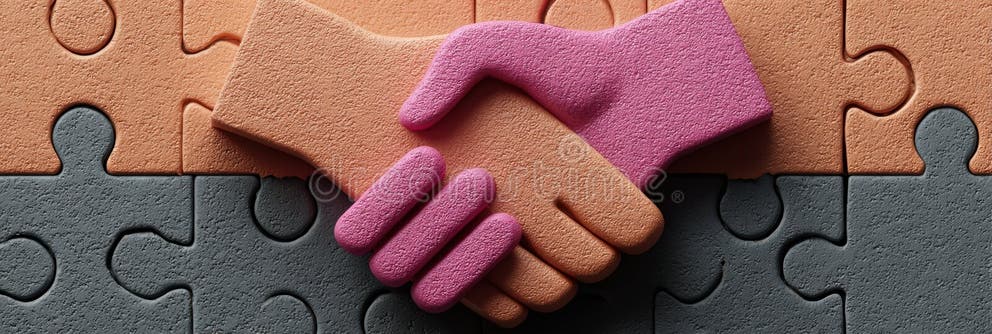 Puzzle Pieces Forming a Partnership Handshake on a Minimal Background ...