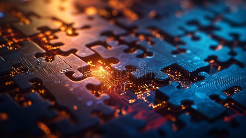 Puzzle Pieces Merging with Circuit Patterns Representing Technology ...