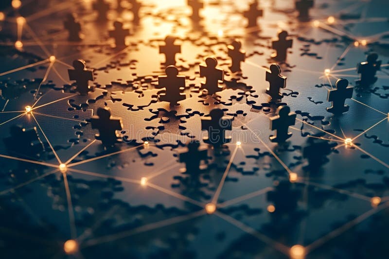 Puzzle Pieces Network Connecting with Bright Lines, Creating Global ...