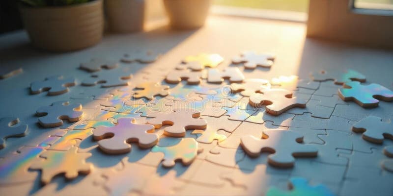 Puzzle Pieces Scattered on a Table Catching Sunlight in a Cozy Indoor ...