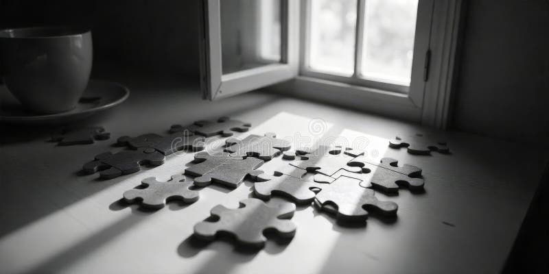Puzzle Pieces Scattered on a Table with Sunlight Streaming through a ...