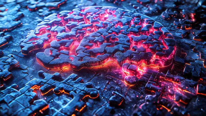 A Puzzle-shaped Brain Glowing with Red Lights, Symbolizing Mental ...