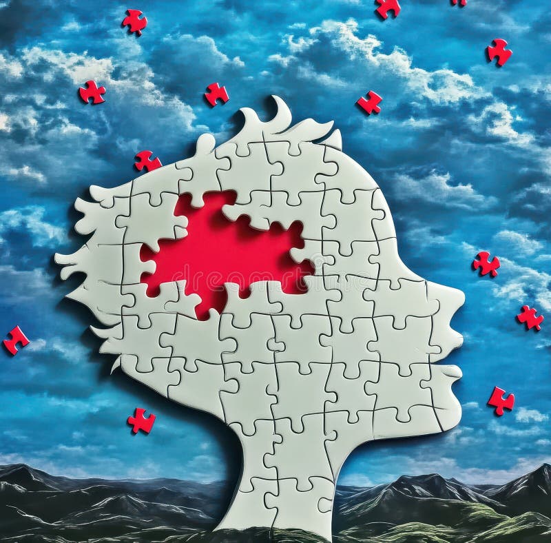 Puzzle-shaped Silhouette of a Head with Missing Pieces and Red ...