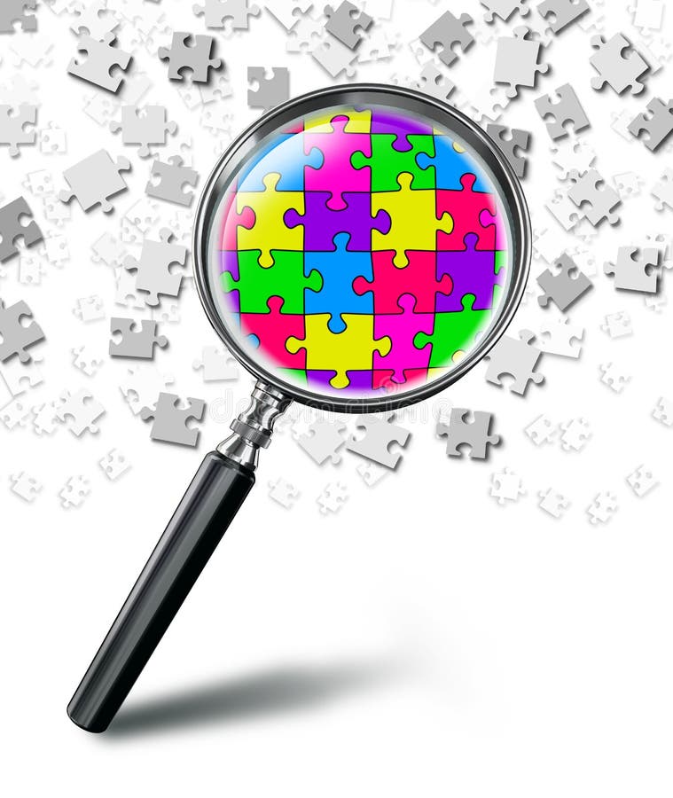 Puzzle Solution Concept with Magnifying Glass on White Background Stock ...