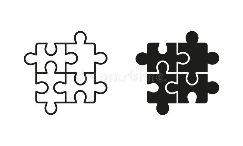 Puzzle, Solve Problem Silhouette and Line Icon Set on White Background ...