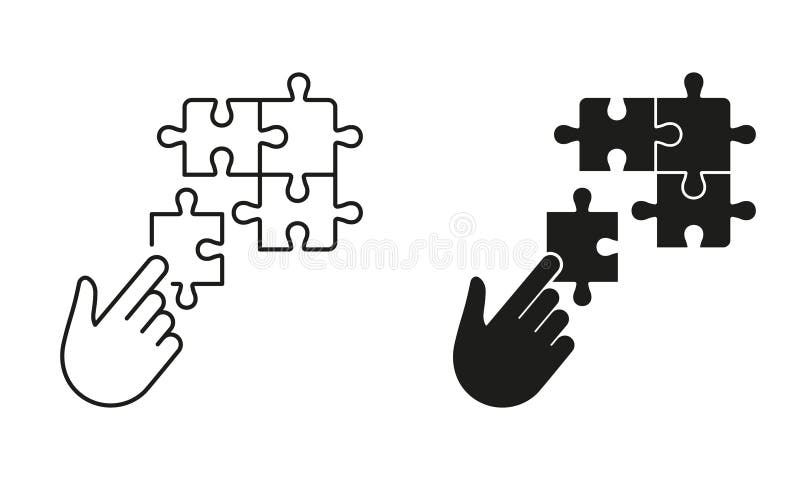 Puzzle Strategy Solution Line and Silhouette Icon Set. Jigsaw and Human ...