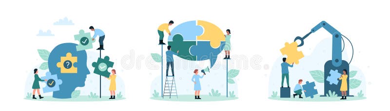 Puzzle Teamwork Set, Tiny People Connect Jigsaw Pieces Inside Human ...