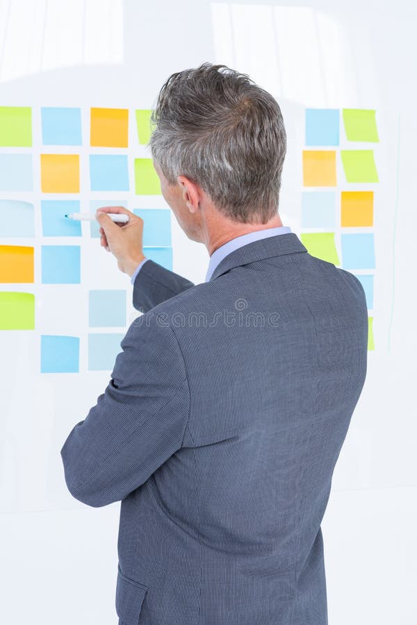 Puzzled Businessman Looking Post Its on the Wall Stock Image - Image of ...