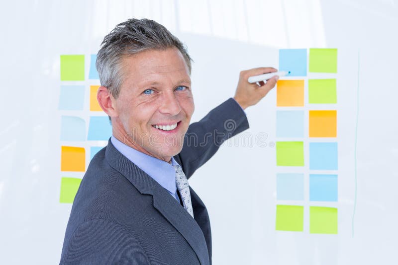 Puzzled Businessman Looking Post Its on the Wall Stock Image - Image of ...