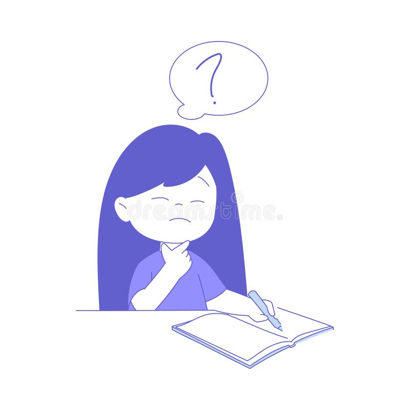 Puzzled Girl First Grader at Table Doing Homework Asking Question ...
