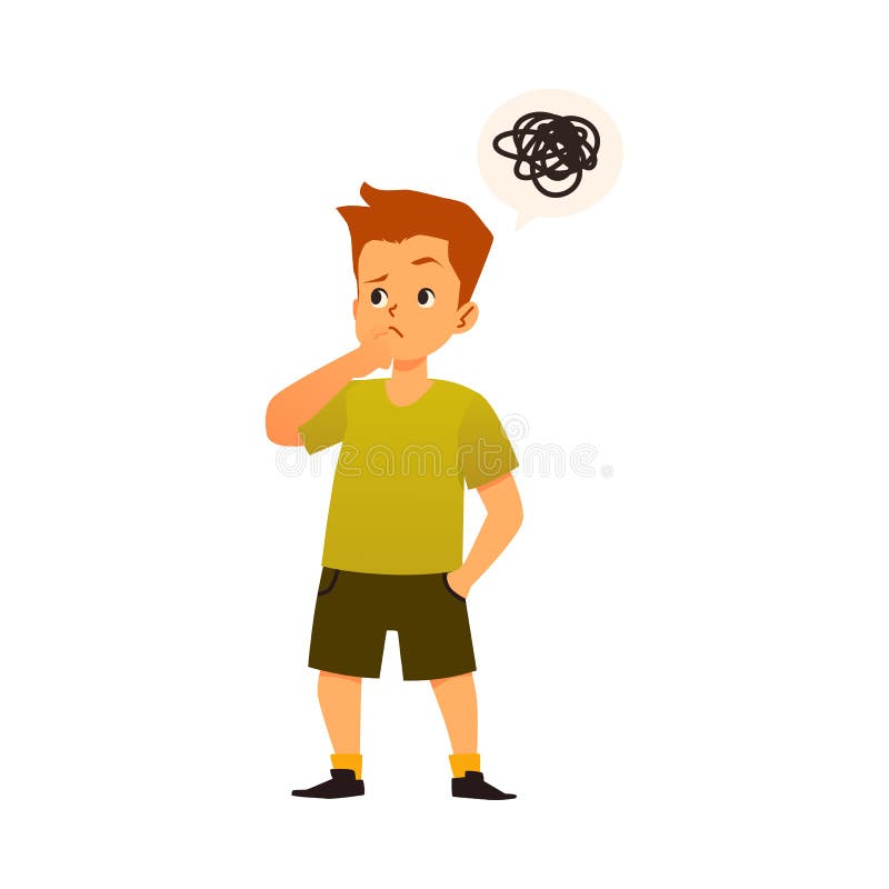 Puzzled Kid Boy Tries Solve Problem a Flat Cartoon Vector Isolated ...