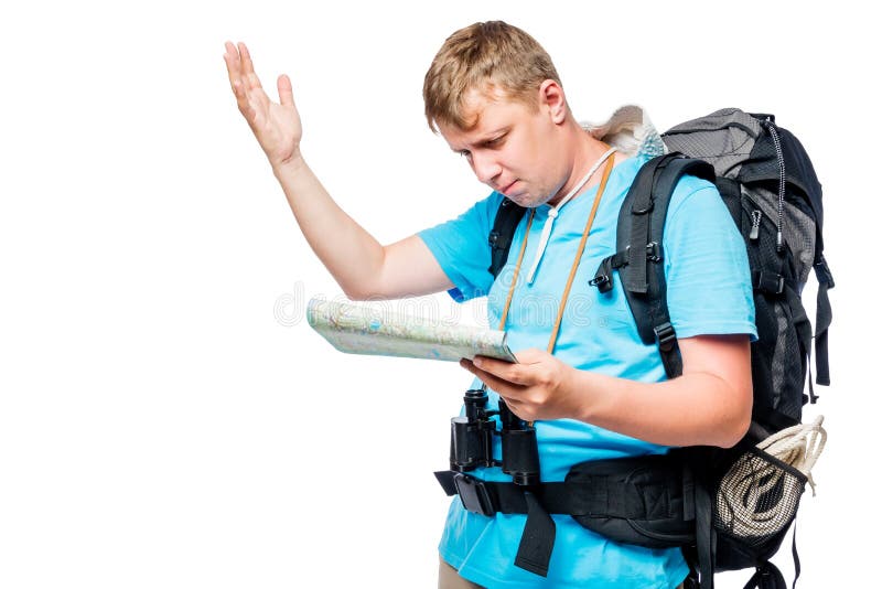 Puzzled Lost Tourist Portrait with Map Stock Photo - Image of hike ...
