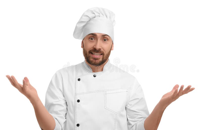 Puzzled Mature Male Chef on White Background Stock Image - Image of ...