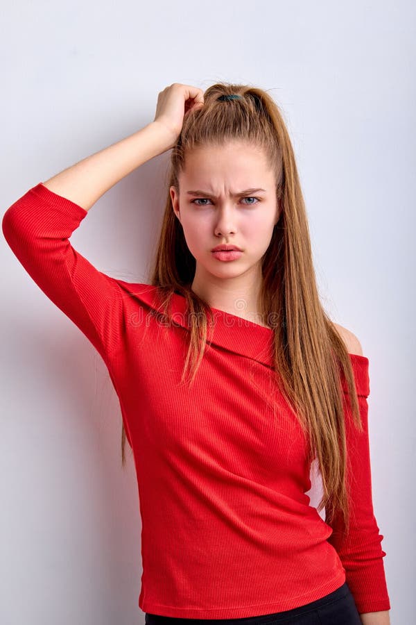 Puzzled Perplexed Young Teen Girl with Distrustful Face Raising Hands ...