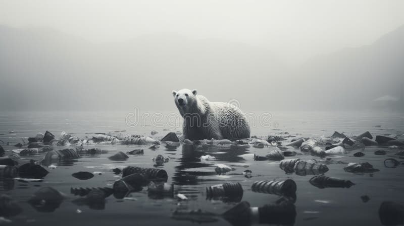 Puzzled Polar Bear Stands in Desolate Gray World of Melted Ice and ...