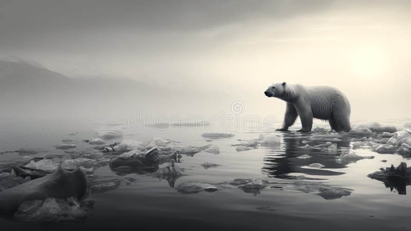 Puzzled Polar Bear Stands in Desolate Gray World of Melted Ice and ...