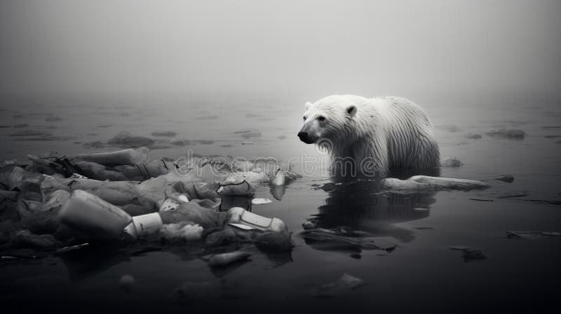 Puzzled Polar Bear Stands in Desolate Gray World of Melted Ice and ...