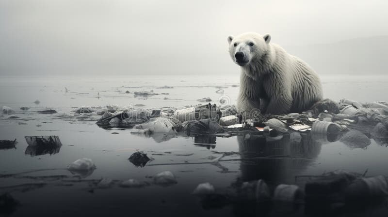 Puzzled Polar Bear Stands in Desolate Gray World of Melted Ice and ...
