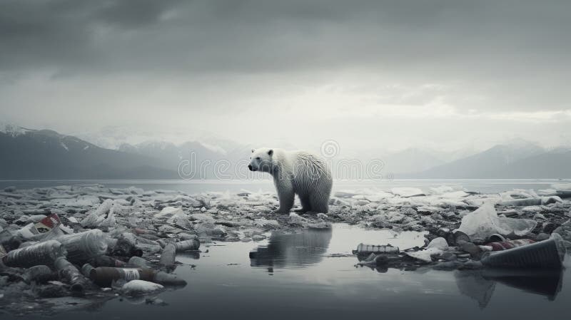 Puzzled Polar Bear Stands in Desolate Gray World of Melted Ice and ...
