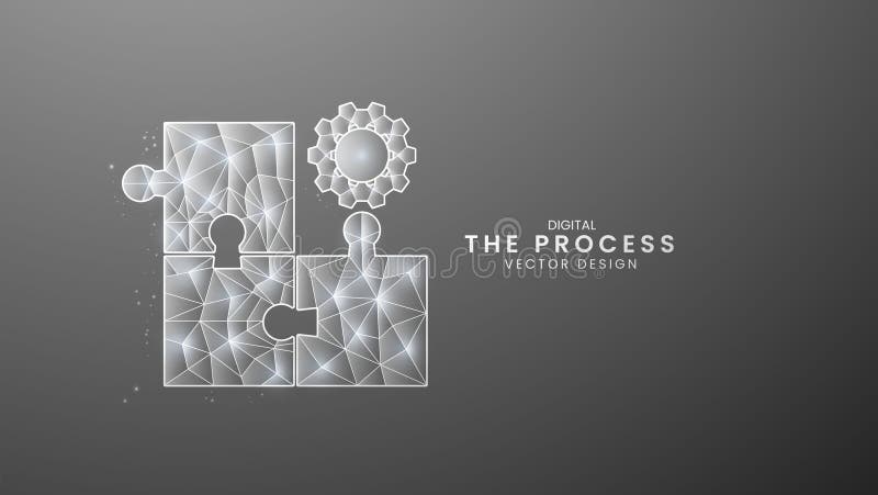 Puzzles and a Gear Wheel. Stages of the Production Process. Low Poly ...