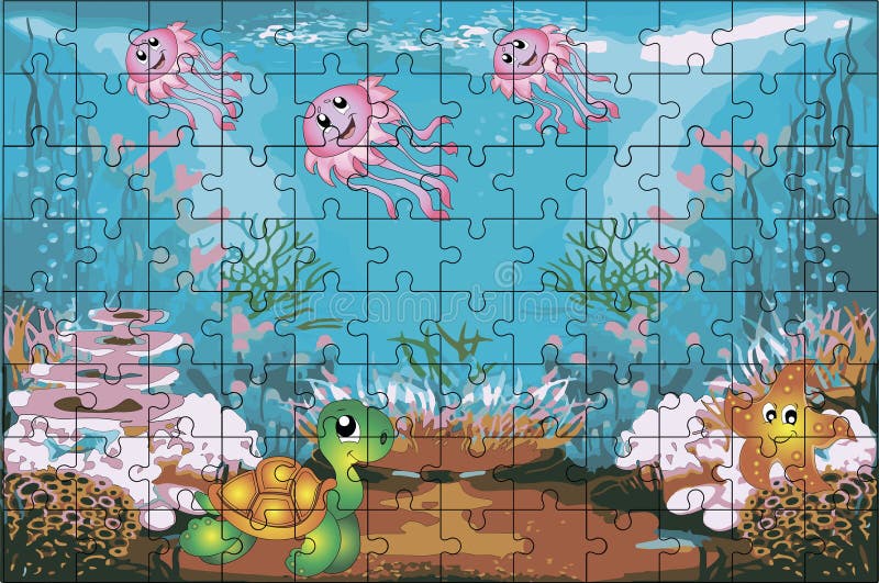 Puzzles. Seabed with Turtle, Jellyfish and Starfish. Cartoon. 96 Pcs ...