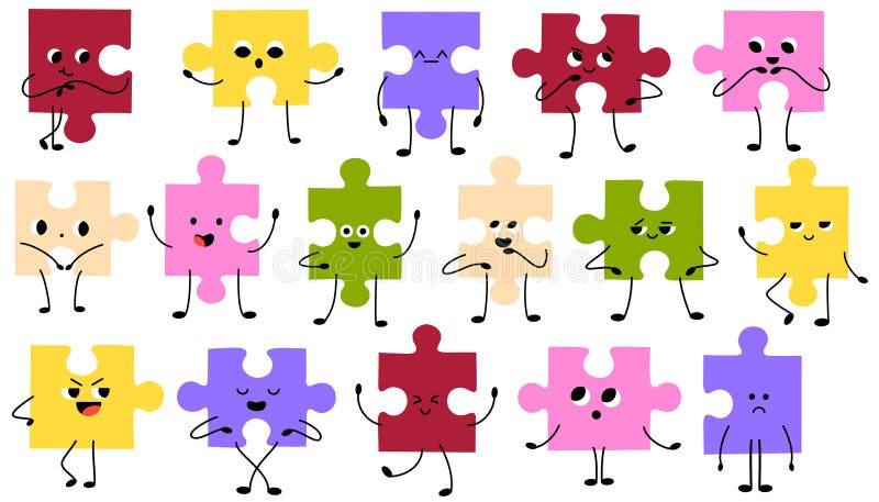 Abstract Puzzles with Faces. Various Emotions. Different Colored ...