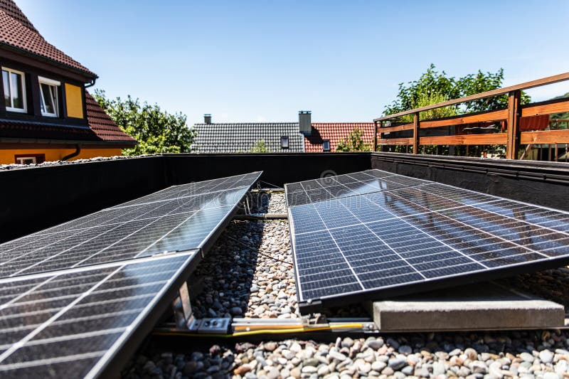 Pv Panels on a Flat Roof with Pebbles Stock Photo - Image of connector ...