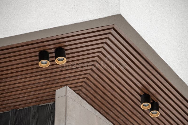 PVC Ceiling Panel Covered with Wood-like Vinyl with Modern Lighting ...