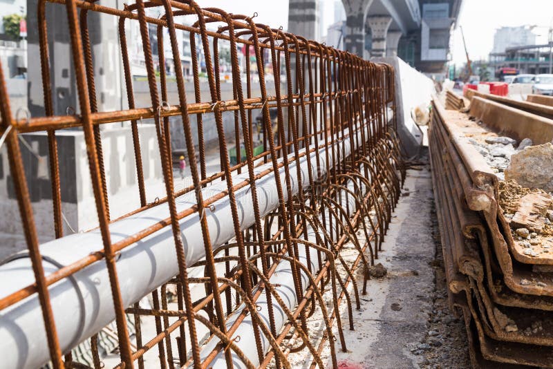 PVC Pipes Lined within Rebar Concrete Divider in Road Construction ...