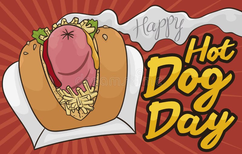 Fresh Hot Dog in Box with Delicious Steam for Hot Dog Day, Vector ...