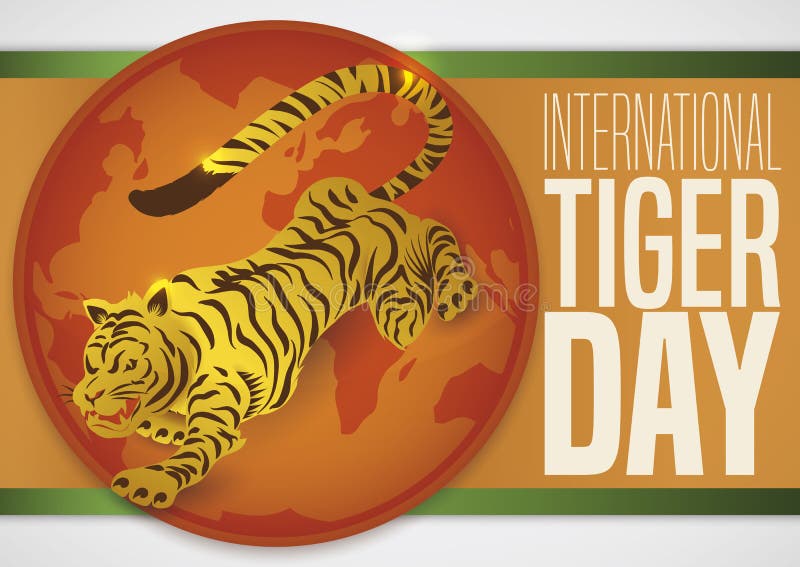 Button with Majestic Tiger Over Globe Promoting International Tiger Day ...