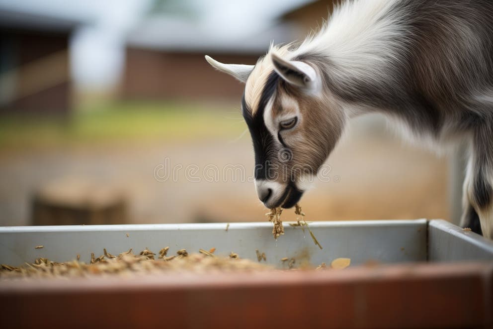 Pygmy Goat Eating Grain from a Trough Stock Photo - Image of eating ...