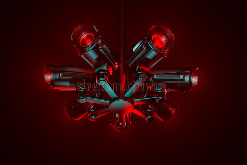 Cctv Pylon with Several Cameras on a Blue Wall during Night. Copy Space ...