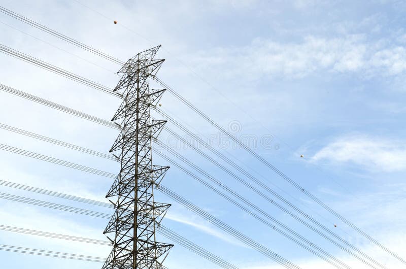 Pylon with Power Lines Against Cloudy Sky Stock Photo - Image of wire ...