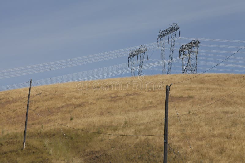 Pylons in a field stock image. Image of network, hill - 97063315