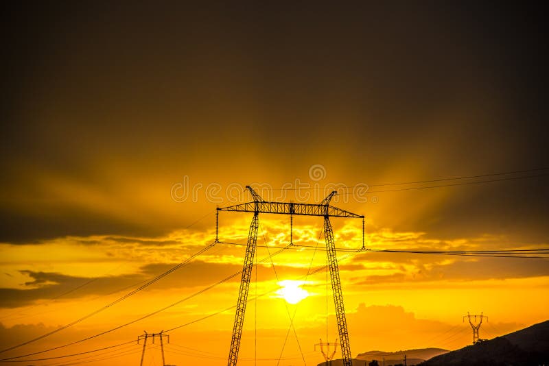 Pylons he Summer at the Sunset Stock Image - Image of environment ...