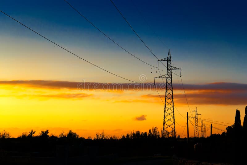 Power Line Towers at Sunset Stock Image - Image of electrical, high ...