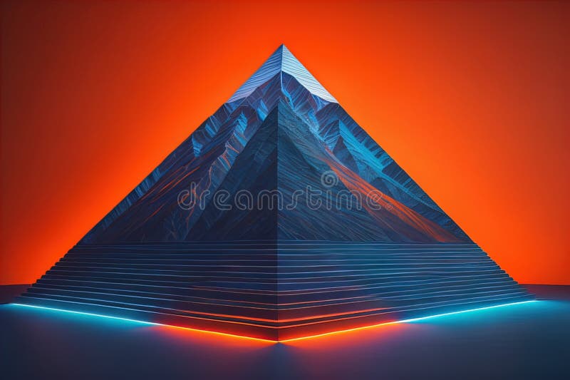 Pyramid with Blue Neon Lights on Orange Background. Generative Ai Stock ...
