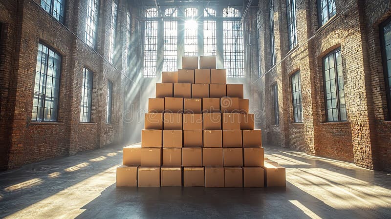 Pyramid of Cardboard Boxes in a Well-lit Industrial Space, Showing Rays ...