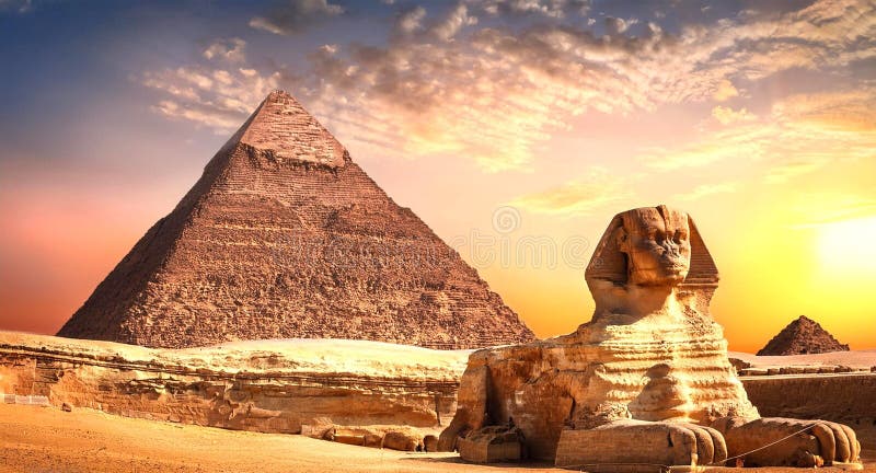 The Pyramid of Cheops and the Great Sphinx at Giza at Sunset Stock ...