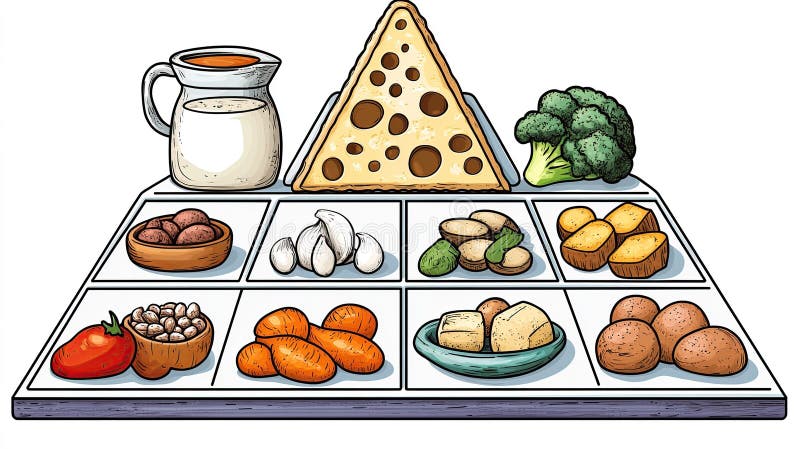 A Pyramid Food Guide Showcasing Dairy, Vegetables, and Grains Stock ...
