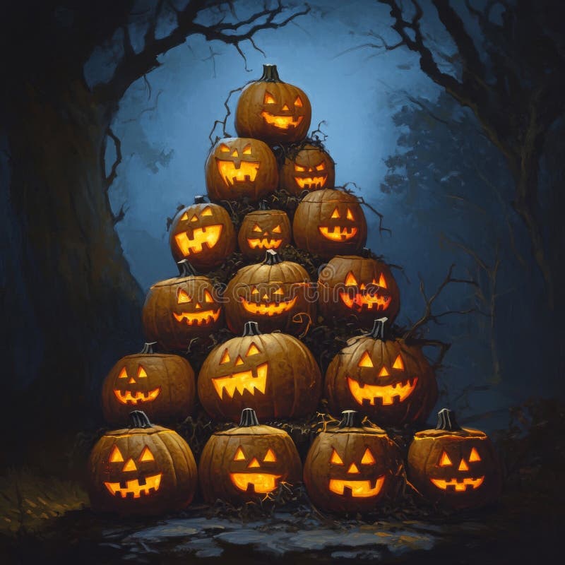 A Pyramid of Glowing Jack-O -Lanterns in a Dark Forest Stock ...