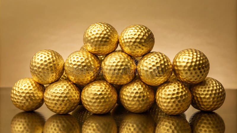 A Pyramid of Golden Golf Balls on a Reflective Surface Stock ...