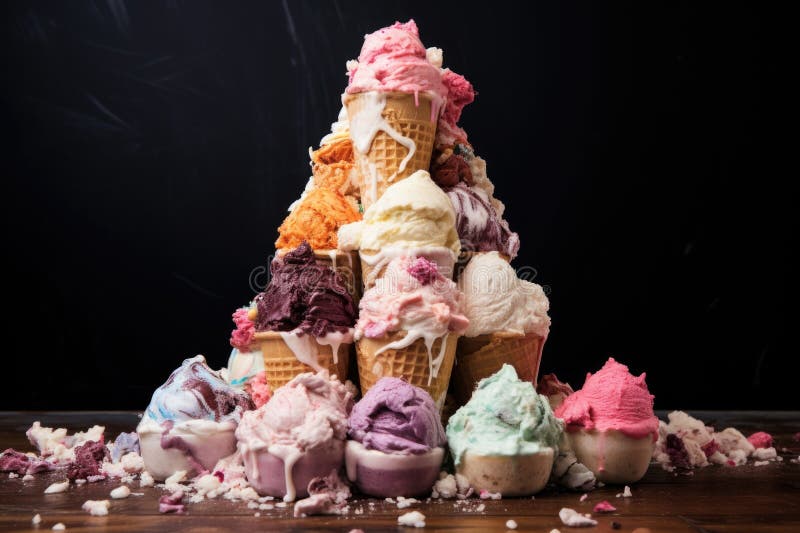 A Pyramid of Ice Cream Cones with Different Flavors in Each Layer Stock ...