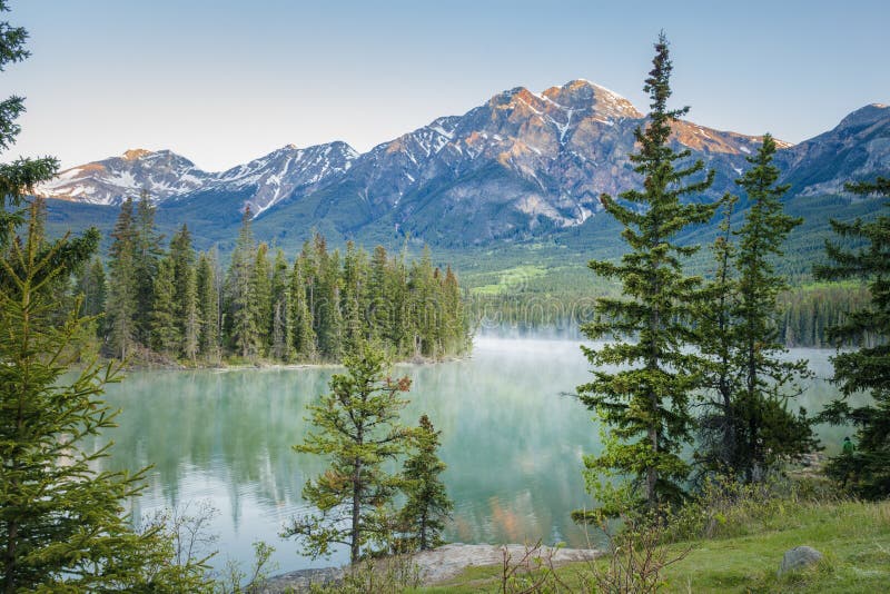 Pyramid Lake in Jasper National Park Stock Image - Image of rocky ...