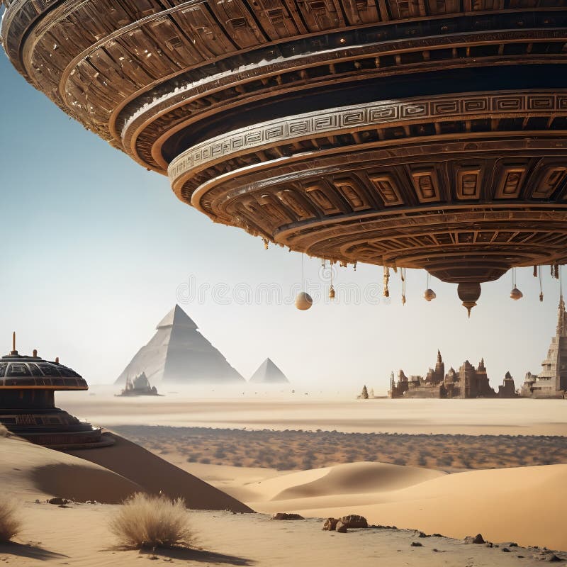 A Pyramid and Large Round Object in the Middle of a Desert. Stock ...