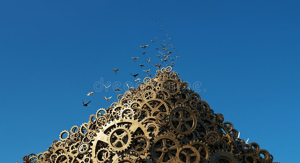 A Pyramid-like Structure Composed of Interlocking Bronze Gears Ascends ...
