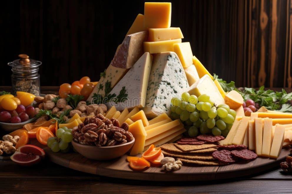 Pyramid Made of Different Types of Cheese on a Wooden Board Stock ...